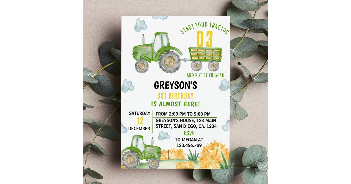Green Tractor Farm Boy Birthday Party Invitation | Zazzle