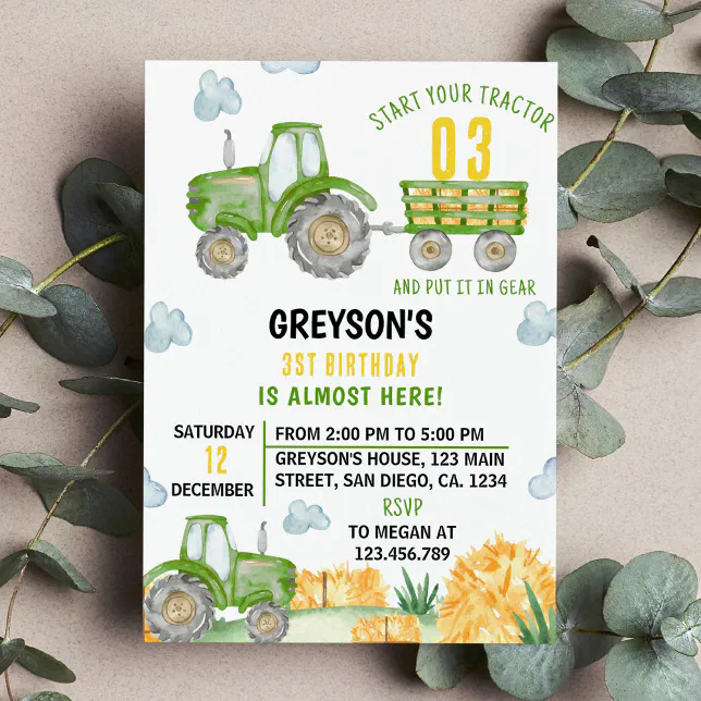 Green Tractor Farm Boy Birthday Party Invitation | Zazzle