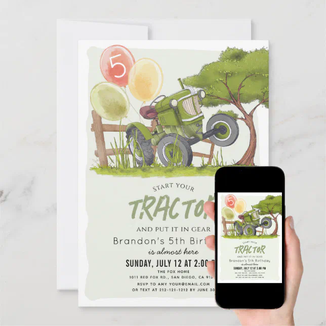 Green Tractor Farm Boy Kids Birthday Invitation | Zazzle