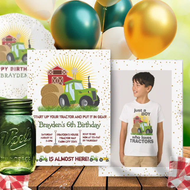 Green Tractor Farm Photo Keepsake Birthday Invitation | Zazzle