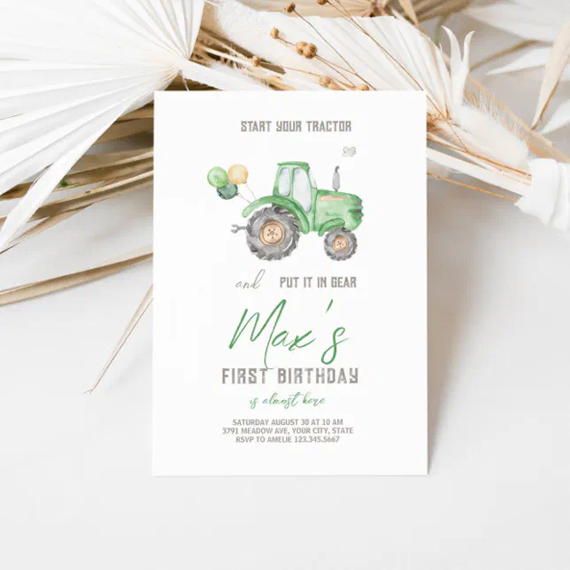 Green Tractor Theme Birthday Invitation | Zazzle