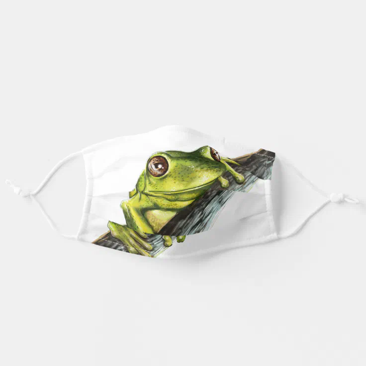 Green tree frog on a branch with big eyes adult cloth face mask | Zazzle