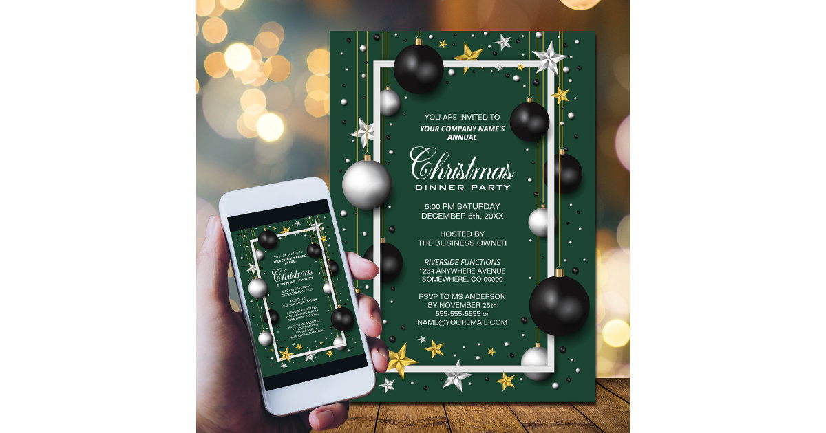 Green Tree Ornaments Corporate Christmas Dinner Invitation | Zazzle