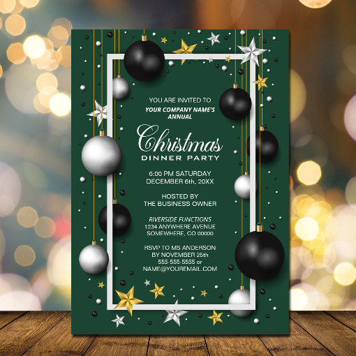 Green Tree Ornaments Corporate Christmas Dinner Invitation | Zazzle