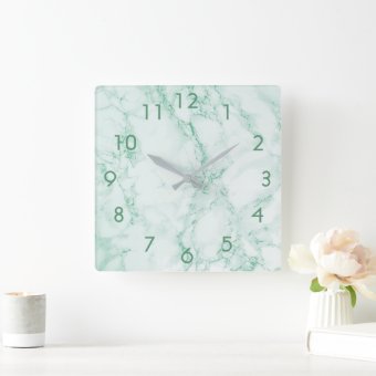 Green trendy marble square wall clock | Zazzle