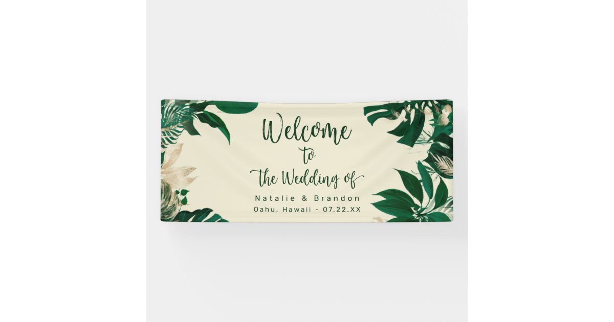 Green Tropical Foliage Modern Wedding Welcome Banner | Zazzle