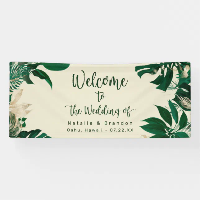 Green Tropical Foliage Modern Wedding Welcome Banner | Zazzle