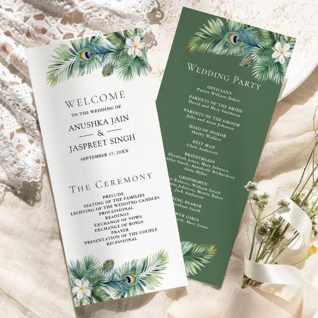 Green Tropical Indian Peacock Feathers Wedding Program | Zazzle