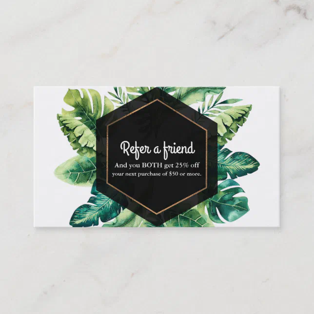 Green Tropical Leaves Black Elegant Refer a Friend Referral Card | Zazzle