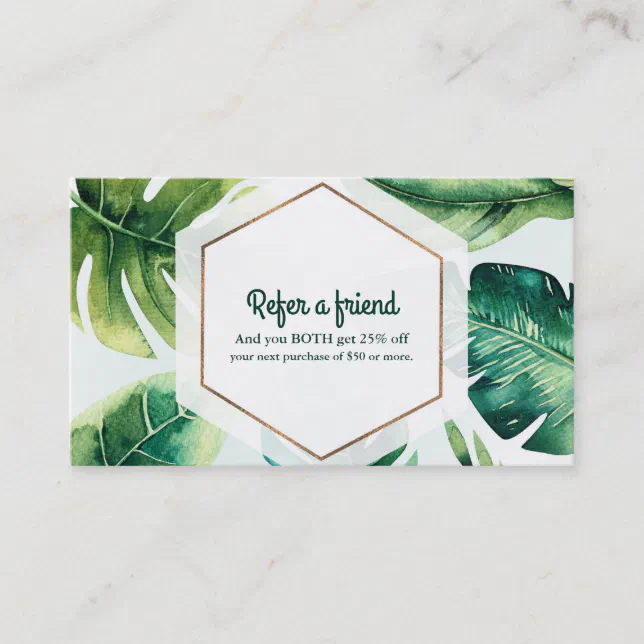 Green Tropical Leaves White Elegant Refer a Friend Referral Card | Zazzle