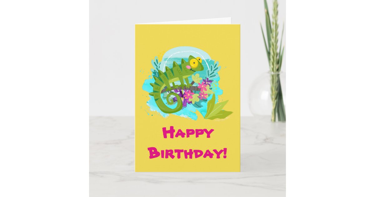 Green Tropical Lizard with Flowers Birthday Card | Zazzle