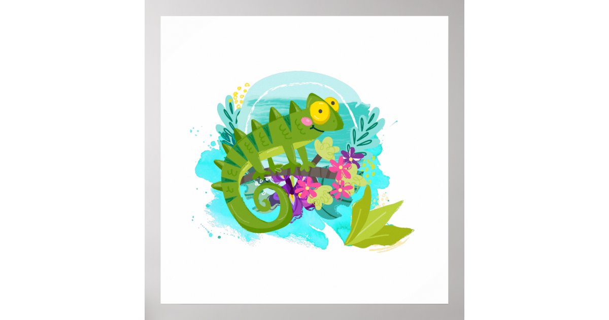 Green Tropical Lizard with Flowers Poster | Zazzle