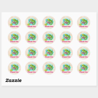 Green Tropical Lizard with Flowers Thank You Classic Round Sticker | Zazzle