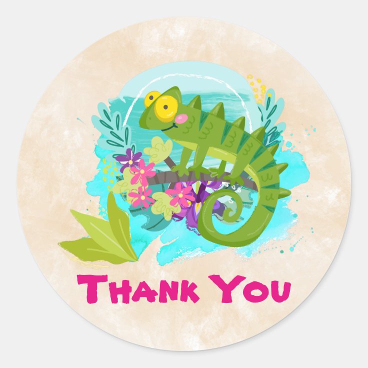 Green Tropical Lizard with Flowers Thank You Classic Round Sticker | Zazzle