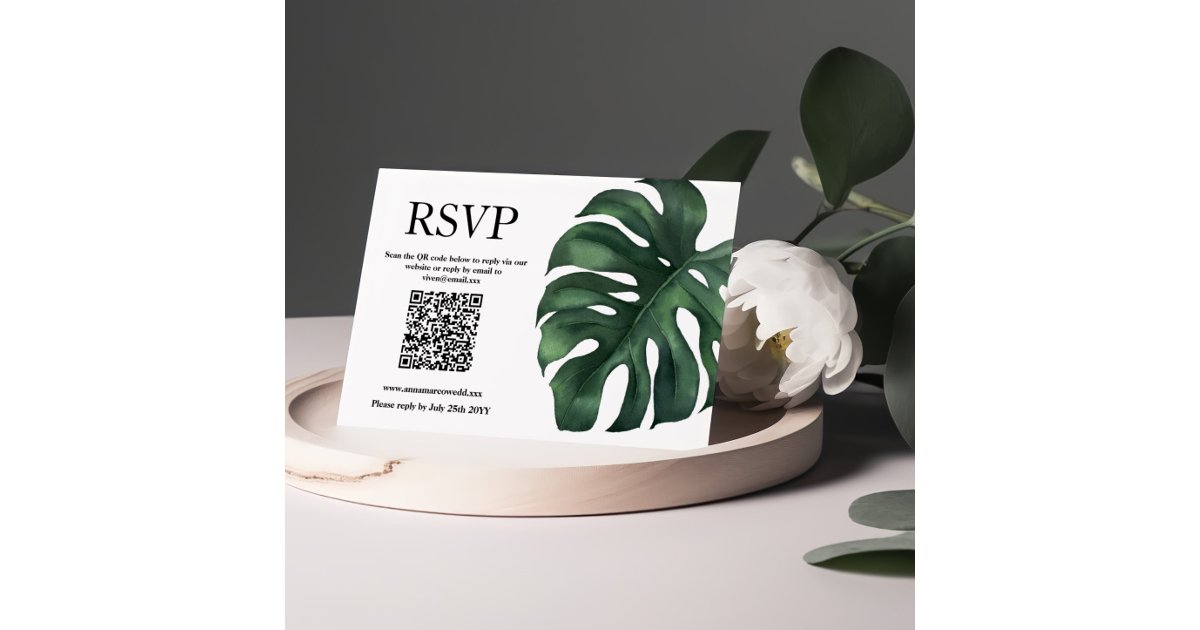 Green Tropical Palm Leaves QR Code Response Card | Zazzle