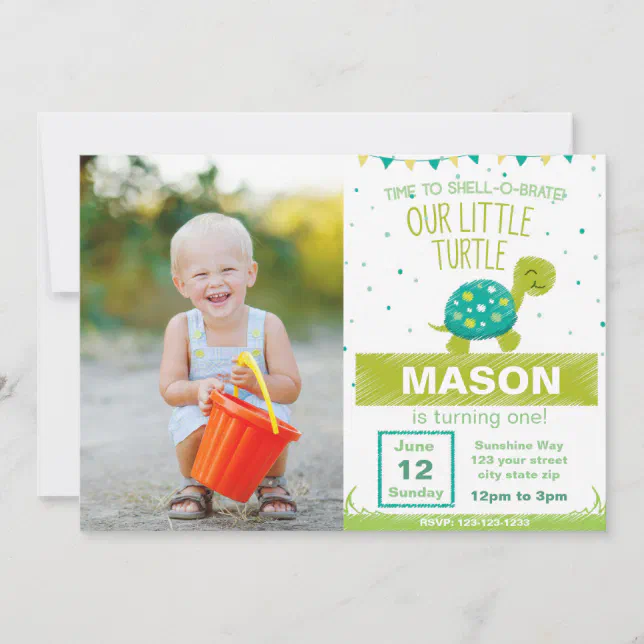 Green Turtle Birthday Invitation with Photo | Zazzle