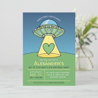 Green UFO Alien Birthday Party Invitation | Zazzle