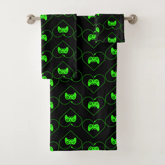 Green Video Game Controller Heart Pattern Bath Towel Set | Zazzle