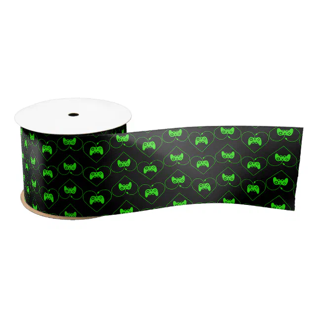 Green Video Game Controller Heart Pattern Satin Ribbon | Zazzle