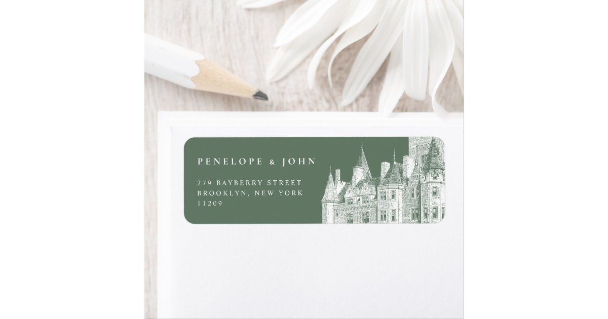Green Vintage Castle Illustration Wedding Return Label | Zazzle