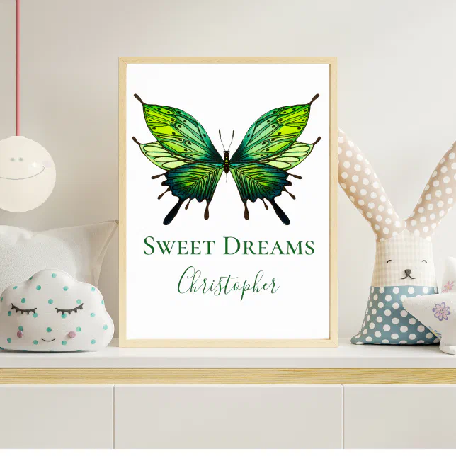 Green Watercolor Butterfly Nursery Wall Art Poster | Zazzle