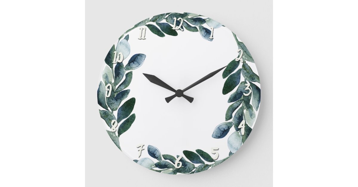 Green Watercolor Greenery Leaves Botanical Rustic Large Clock | Zazzle