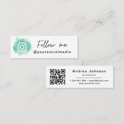 Green Watercolor Instagram Follow Me QR Code Chic Mini Business Card ...