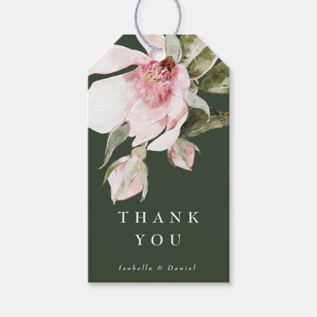 Green Watercolor Magnolia Floral Wedding Thank You Gift Tags | Zazzle