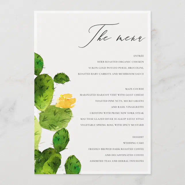 GREEN WATERCOLOUR DESERT CACTUS FLOWER MENU | Zazzle