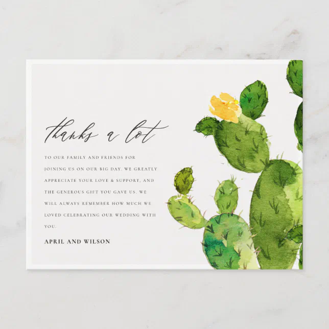 GREEN WATERCOLOUR DESERT CACTUS FLOWER THANK YOU POSTCARD | Zazzle