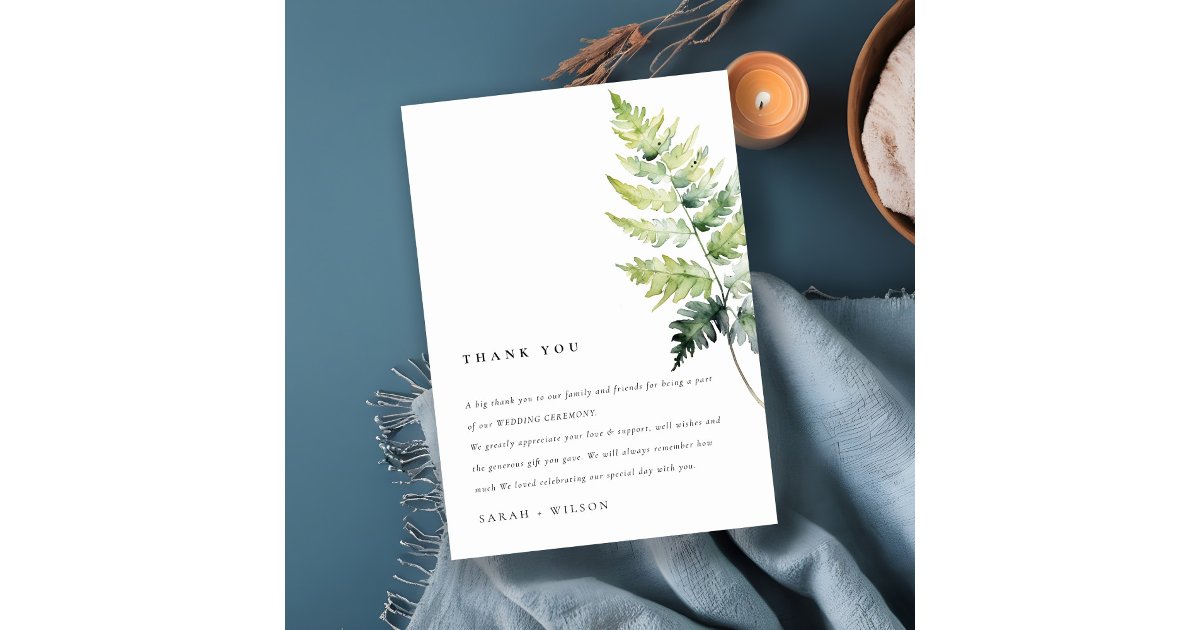 GREEN WATERCOLOUR FERN FOLIAGE THANK YOU | Zazzle