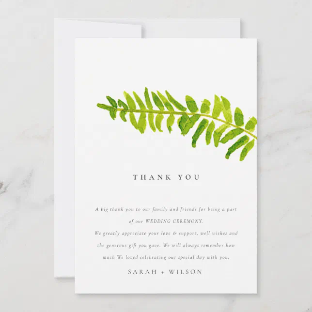 GREEN WATERCOLOUR FERN FOLIAGE THANK YOU | Zazzle