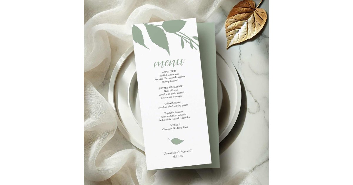 Green Wedding Foliage Menu Card | Zazzle