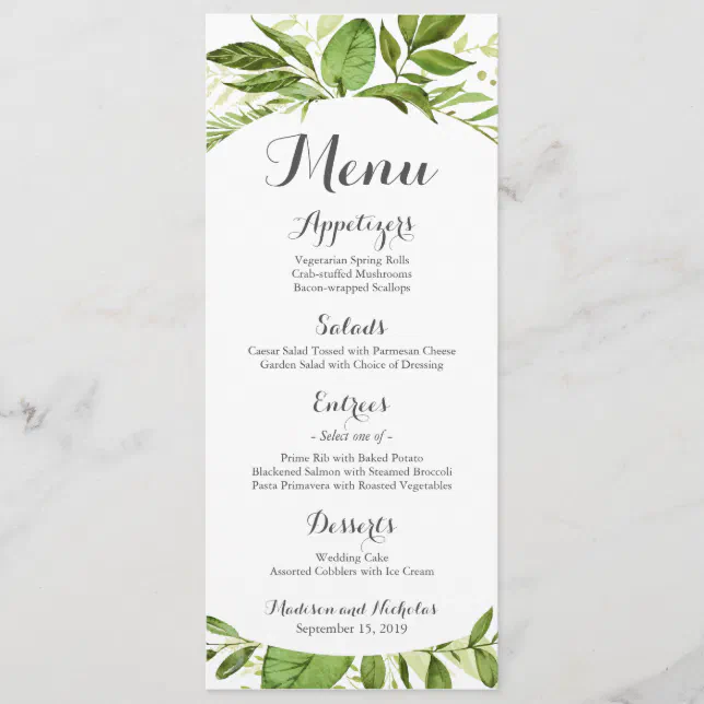 Green Wedding Menu Rack Cards, Rustic Greenery | Zazzle