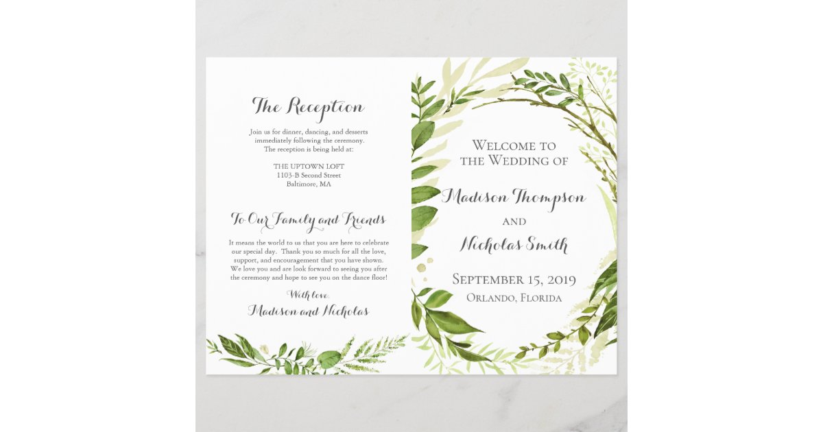 Green Wedding Program Booklets, Rustic Greenery Flyer | Zazzle