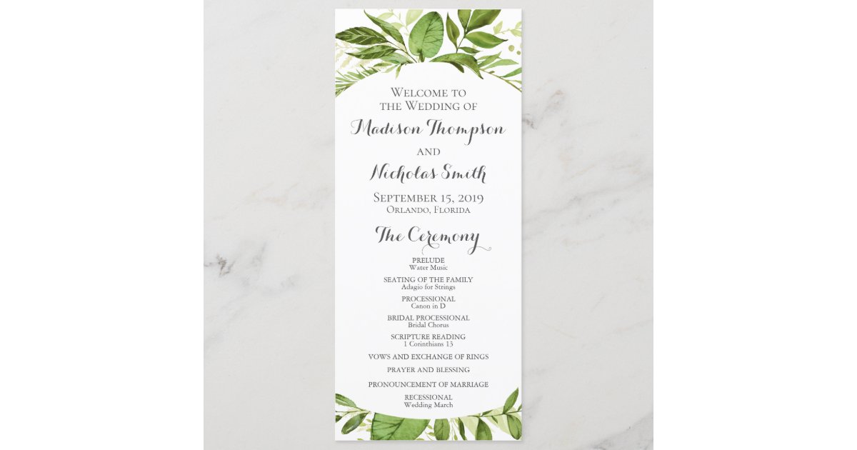 Green Wedding Program Cards, Rustic Greenery | Zazzle