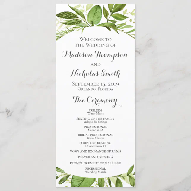Green Wedding Program Cards, Rustic Greenery | Zazzle