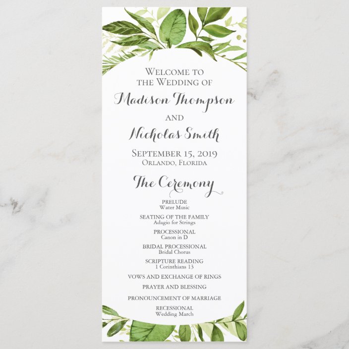 Green Wedding Program Cards, Rustic Greenery | Zazzle.com