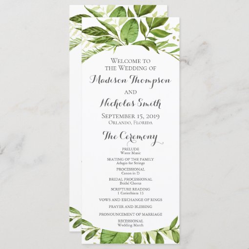 Green Wedding Program Cards, Rustic Greenery | Zazzle
