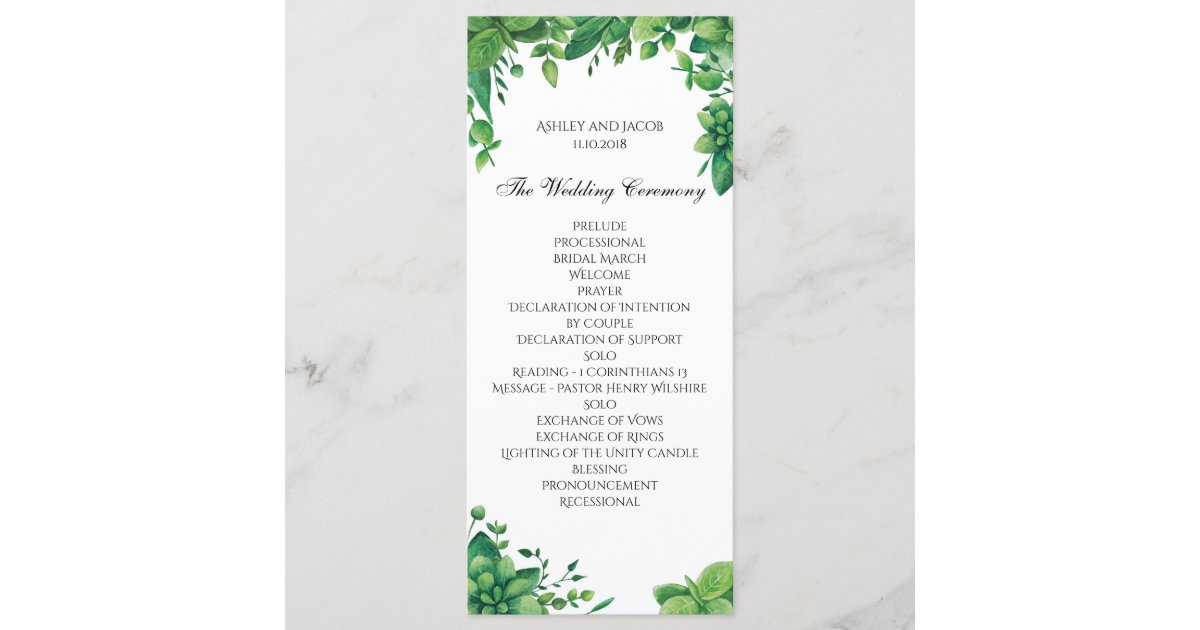 Green wedding program. Summer garden ceremony card | Zazzle