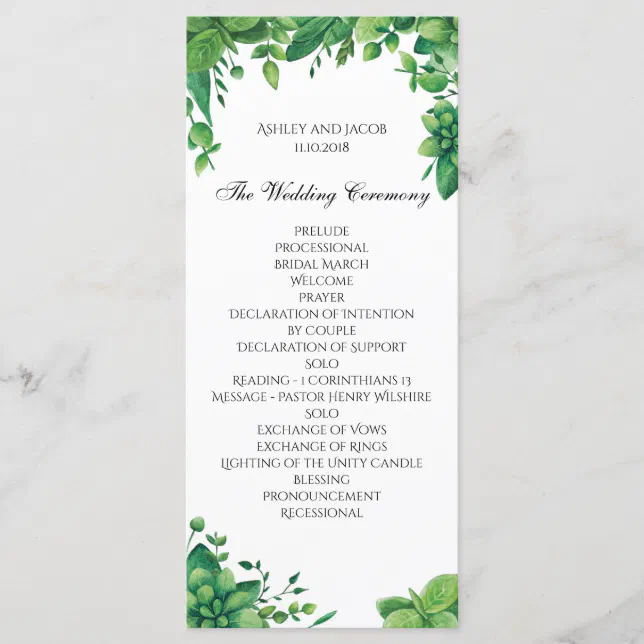 Green wedding program. Summer garden ceremony card | Zazzle