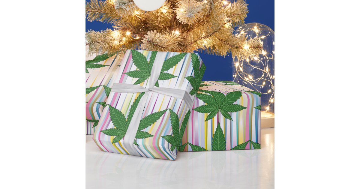 Green Weed Leaves on Colorful Prismatic Stripes Wrapping Paper | Zazzle