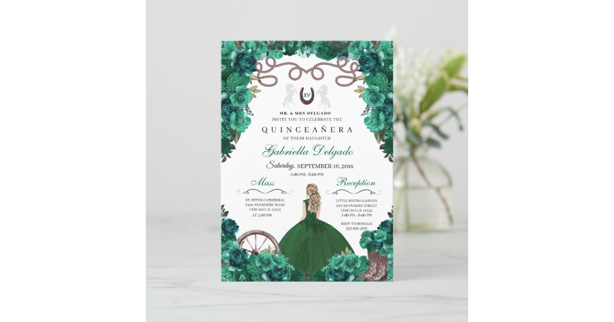 Green Western Charra Girl Ranchero Quinceanera Invitation | Zazzle
