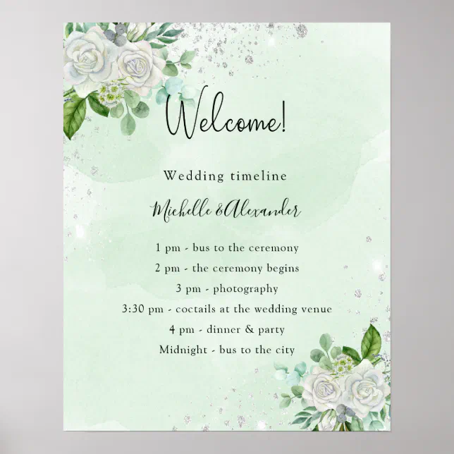 Green white floral wedding timeline program poster | Zazzle