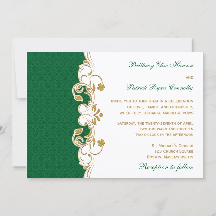 Green White Gold Scrolls, Shamrocks Wedding Invite | Zazzle