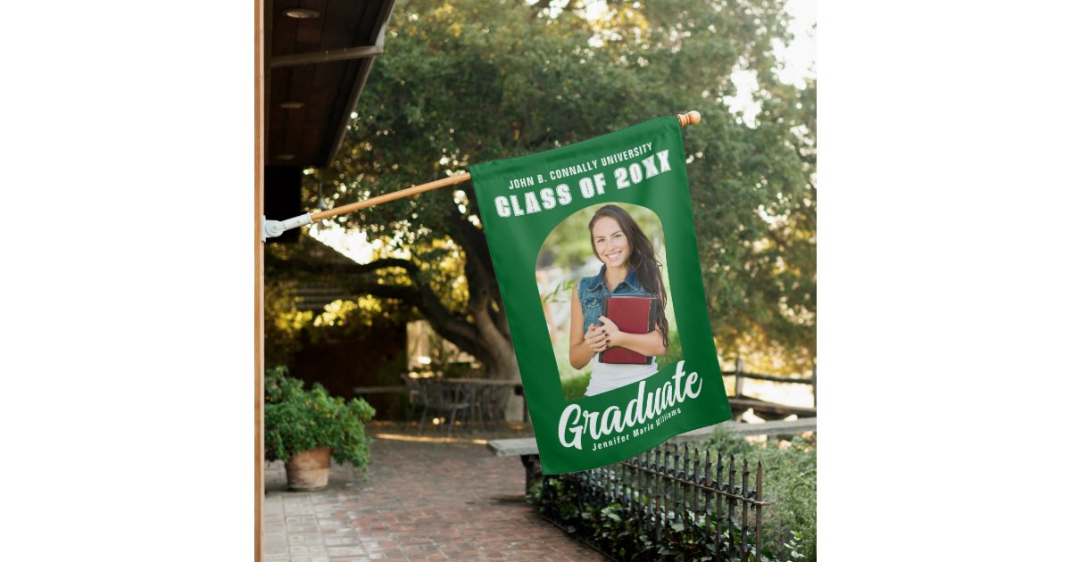 Green White Graduate Photo Arch Modern Graduation House Flag | Zazzle