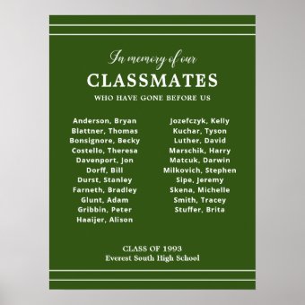 Green White In Memory Of Class Reunion Memorial Poster | Zazzle