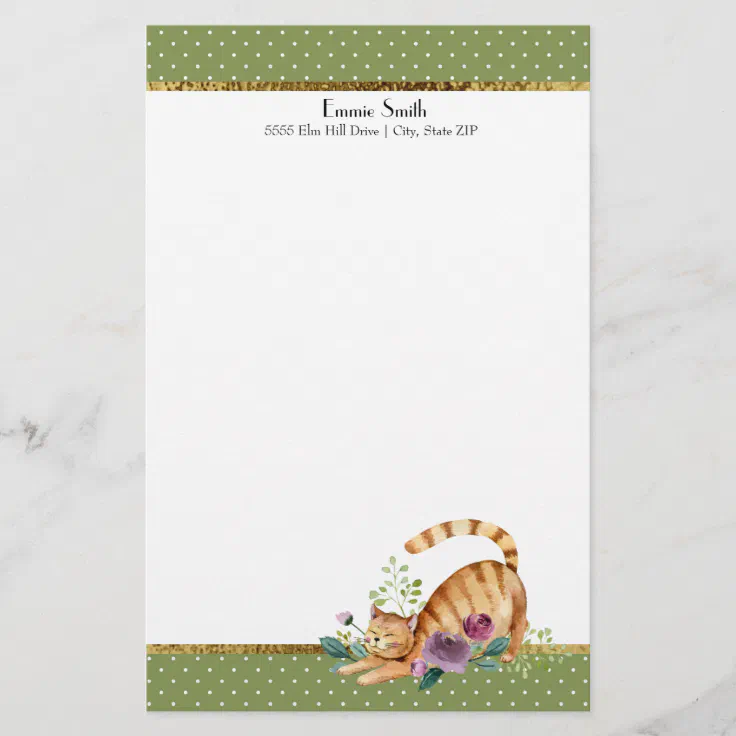Green White Polka Dots Gold Tiger Cat Stationery | Zazzle