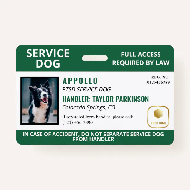 Green White Service Dog Logo & Photo ID Badge | Zazzle