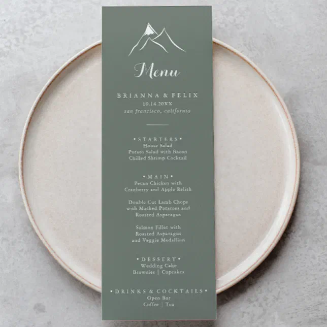 Green White Silhouette Mountain Dinner Menu | Zazzle